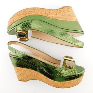 Prada | Shoes | Prada Crystal Emerald Green Metallic Snake Cork Wedge ...